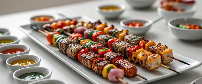 Assorted Grilled Skewers and Appetizers with Dipping Sauces in Modern ...