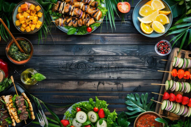Assorted Grilled Skewers and Fresh Salads Arranged on a Rustic Wooden ...