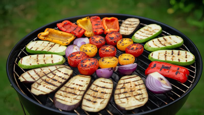 Assorted Grilled Vegetables on Black Barbeque Grill with Green Grass ...