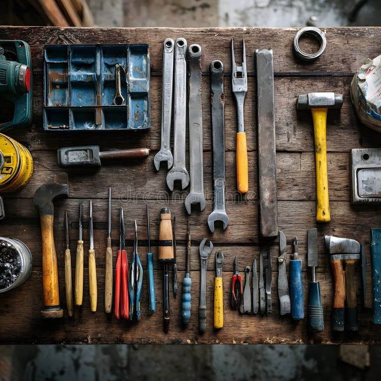 Assorted Hand Tools on Wooden Workbench. Practical DIY Composition ...