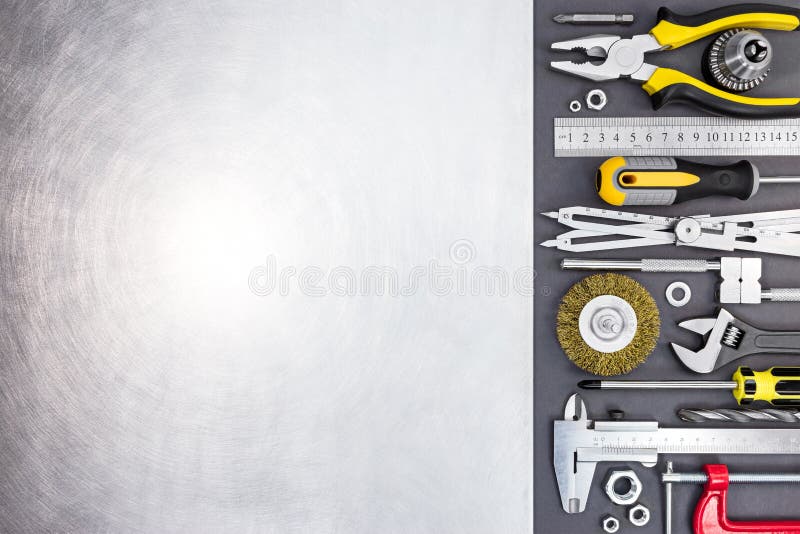 Assorted Hand Working and Measuring Tools on Metal Background Stock ...