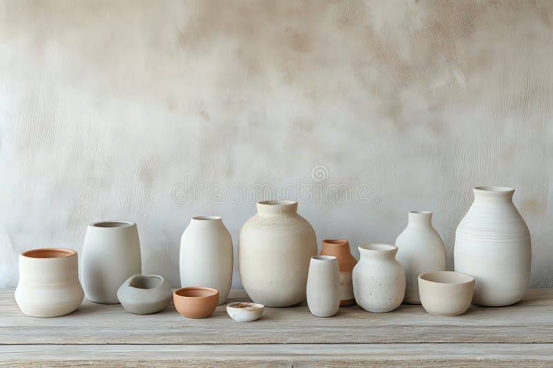 Assorted Handcrafted Clay Pottery Displayed on a Natural Wood Surface ...