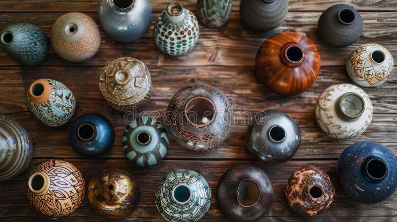 Assorted Handcrafted Pottery on Wooden Surface Stock Photo - Image of ...