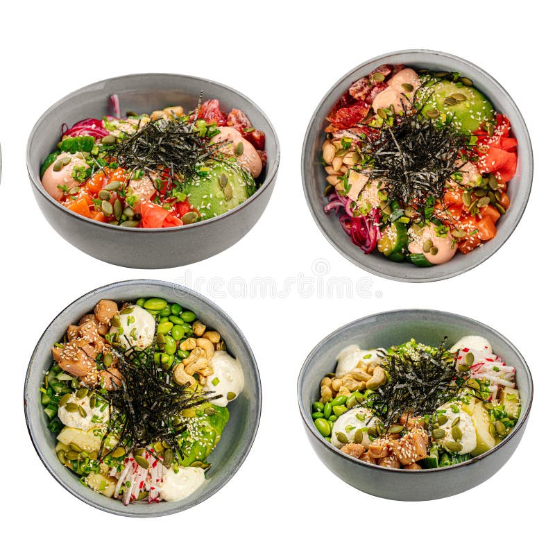 Assorted Hawaiian Poke Bowl Dishes Collage Stock Photo - Image of salad ...