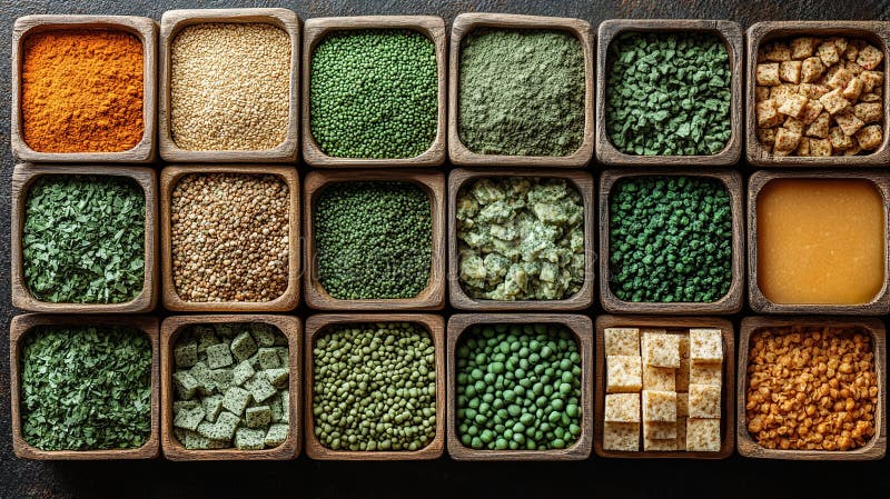 Assorted Healthy Food Ingredients in Small Wooden Containers Stock ...