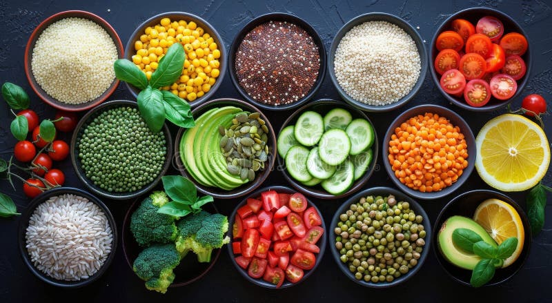 Assorted Healthy Foods in Bowls on a Black Surface Stock Photo - Image ...