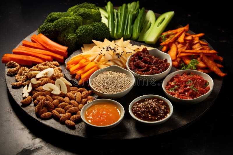 Assorted Healthy Snacks Platter on Dark Background Stock Photo - Image ...