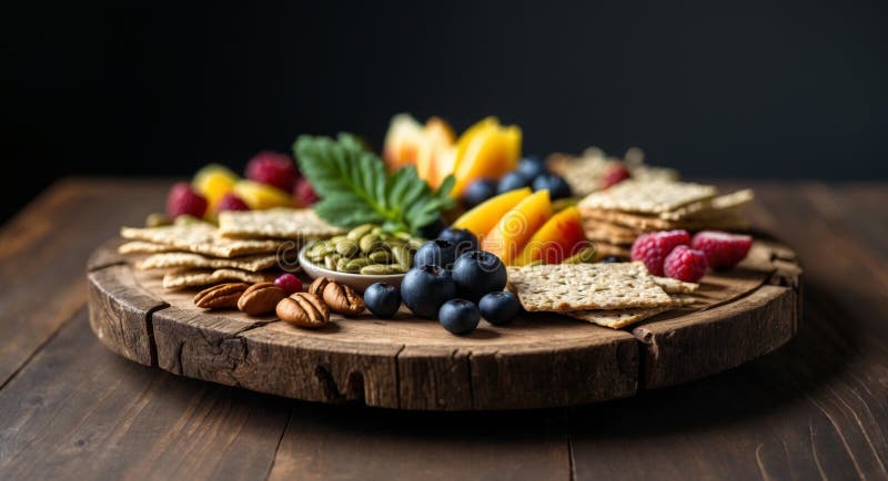 Assorted Healthy Snacks on a Wooden Platter Over Black Background Stock ...