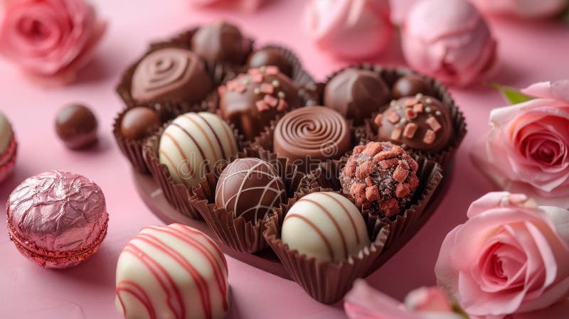 Assorted Heart-shaped Chocolates with Pink Roses - Generative Ai Stock ...