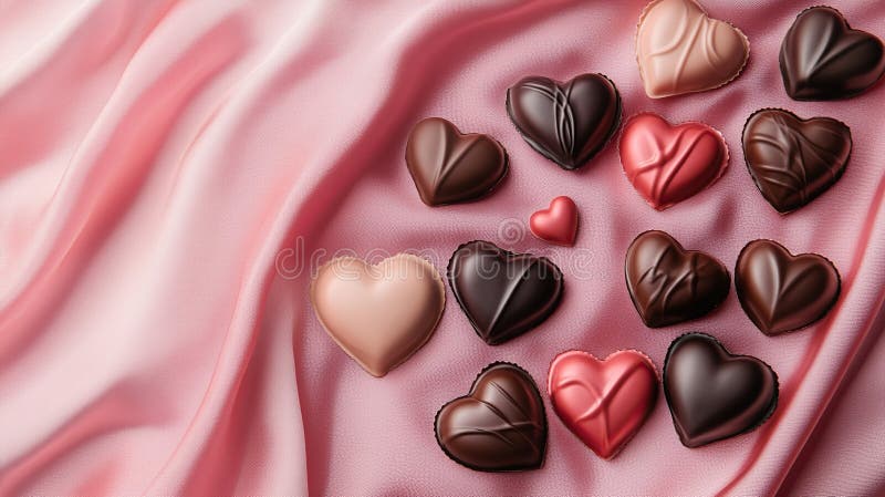 Assorted Heart-shaped Chocolates on Pink Silk. (2 Stock Illustration ...