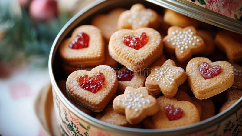 Assorted Heart and Star Shaped Cookies in a Tin Stock Illustration ...