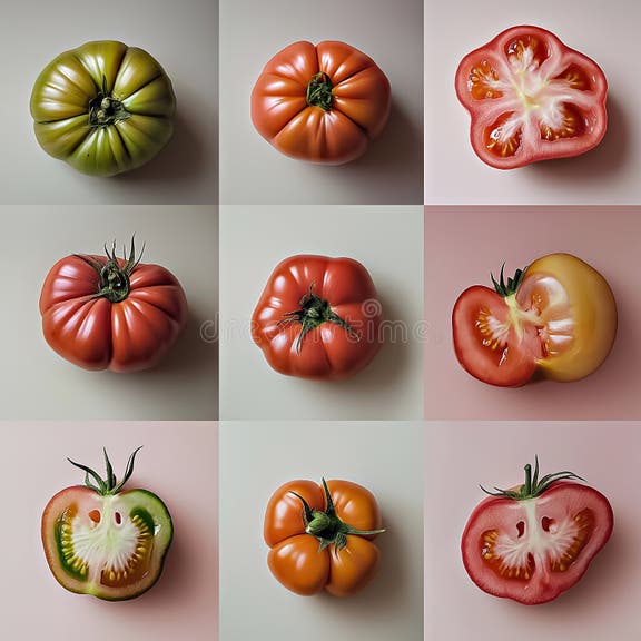 Assorted Heirloom Tomatoes in Various Colors and Shapes. Collage of ...