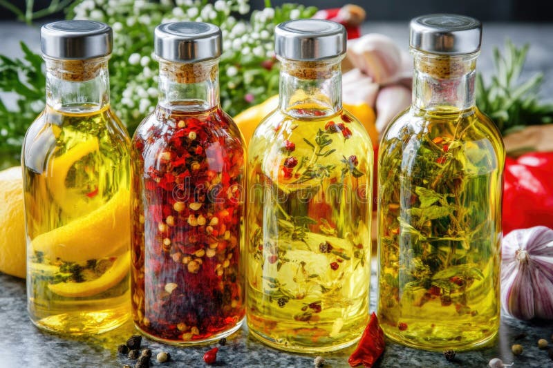 Infused Oils with Herbs and Spices in Elegant Glass Bottles on Kitchen ...