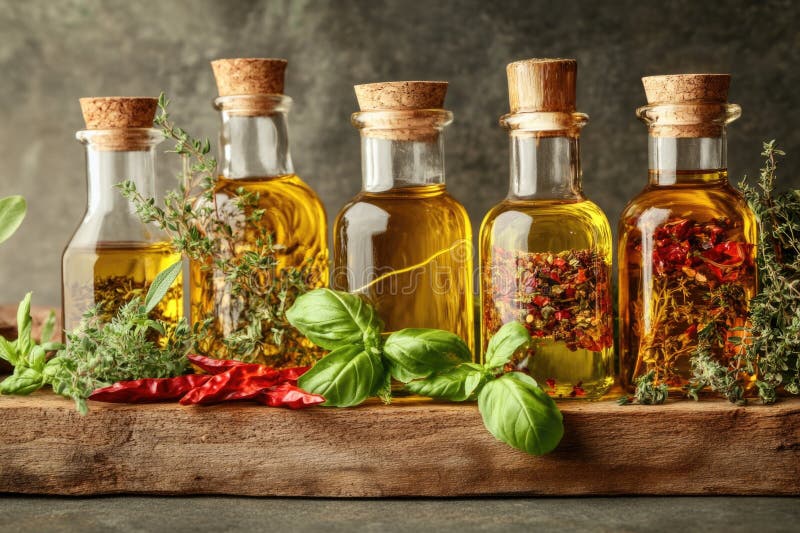 Infused Oils with Herbs and Spices in Elegant Glass Bottles on Kitchen ...