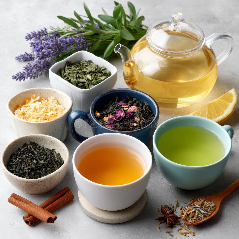 Assorted Herbal and Green Teas with Teapot, Spices, and Lemons on Stone ...