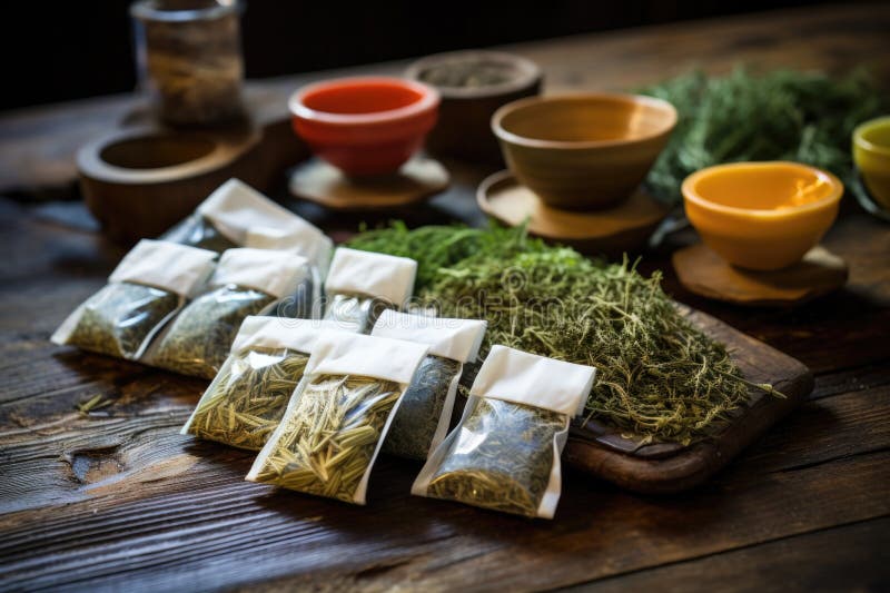 Assorted Herbal Tea Bags Laid Out on a Rustic Wood Table Stock Photo ...