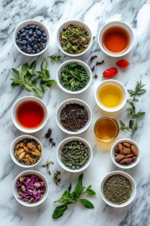 Assorted Herbal Teas and Ingredients on Marble Tabletop Display Stock ...