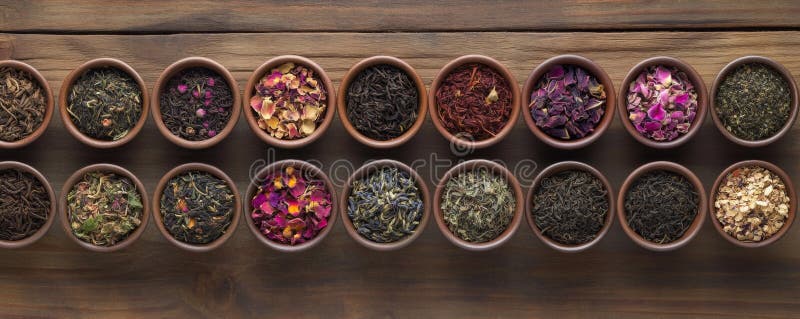 Assorted Herbal Teas in Rustic Bowls on Textured Surface Stock ...