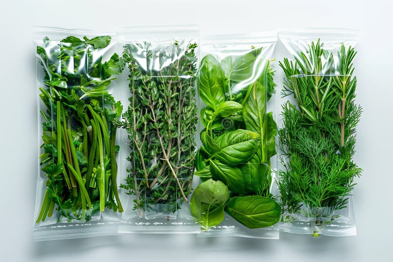 Assorted Herbs in Plastic Bags Stock Photo - Image of kitchen, plants ...