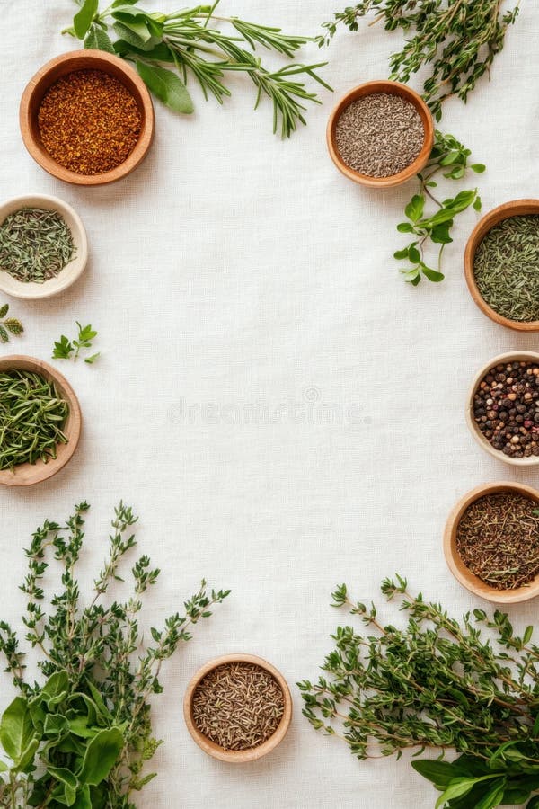 Assorted Herbs and Spices in Wooden Bowls on White Fabric Background ...
