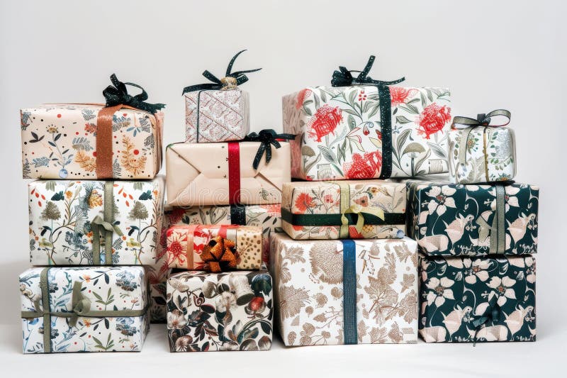Assorted Holiday Presents in Creative Wrapping on a Clean White ...