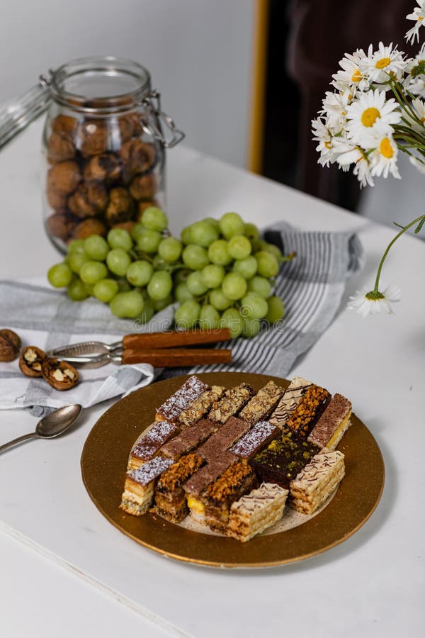Assorted Homemade Cakes Stage with Grapes and Nuts. Top View, Flat Lay ...