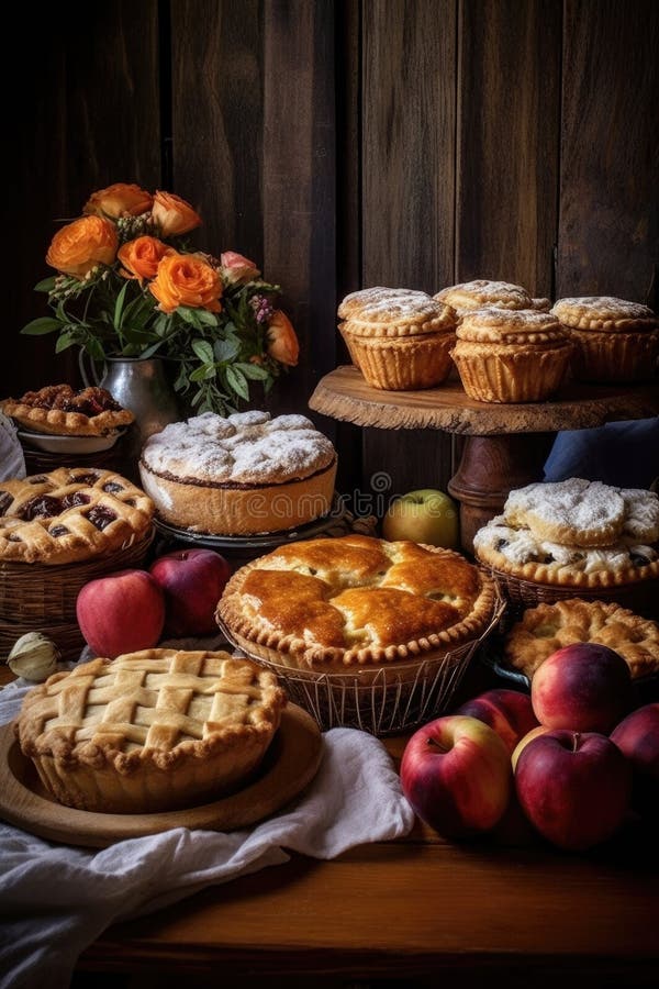 Assorted Homemade Thanksgiving Pies on a Wooden Table Stock ...