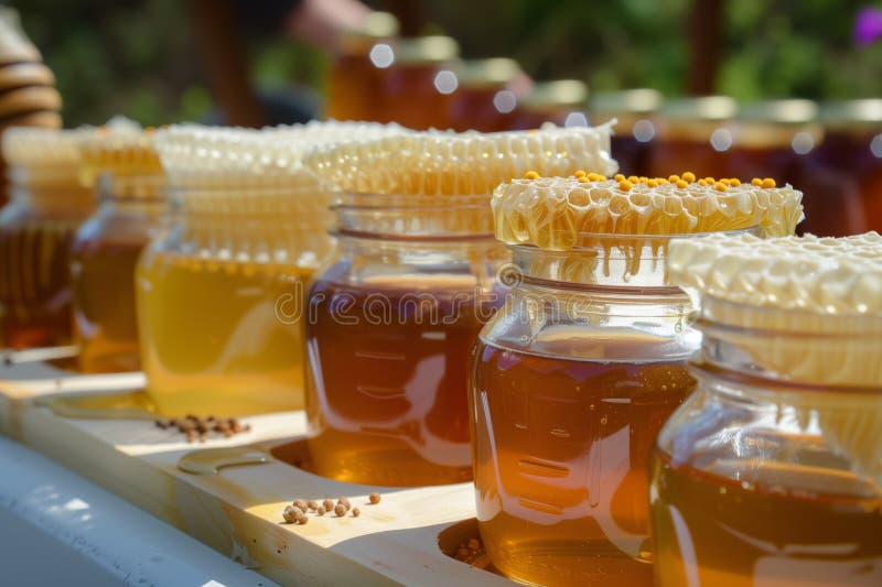 Assorted Honey in Transparent Jars with Pollen and Comb Display Stock ...