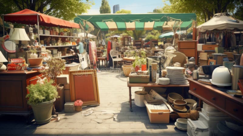 Assorted Household Items and Tools Displayed at a Local Yard Sale Stock ...