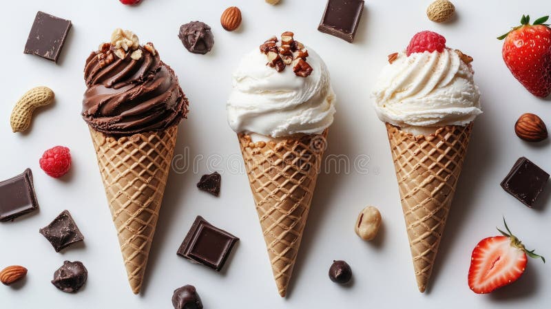 Assorted Ice Cream Cones with Toppings and Nuts on White Background ...