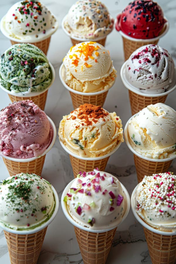 Assorted Ice Cream Cones with Various Toppings Arranged on a Marble ...