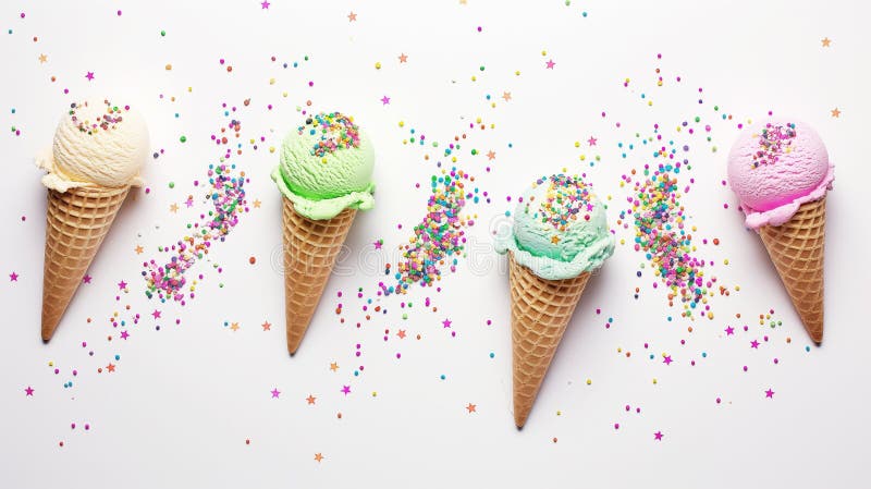 Assorted Ice Cream Cones with Vibrant Flavors and Toppings on a Clean ...