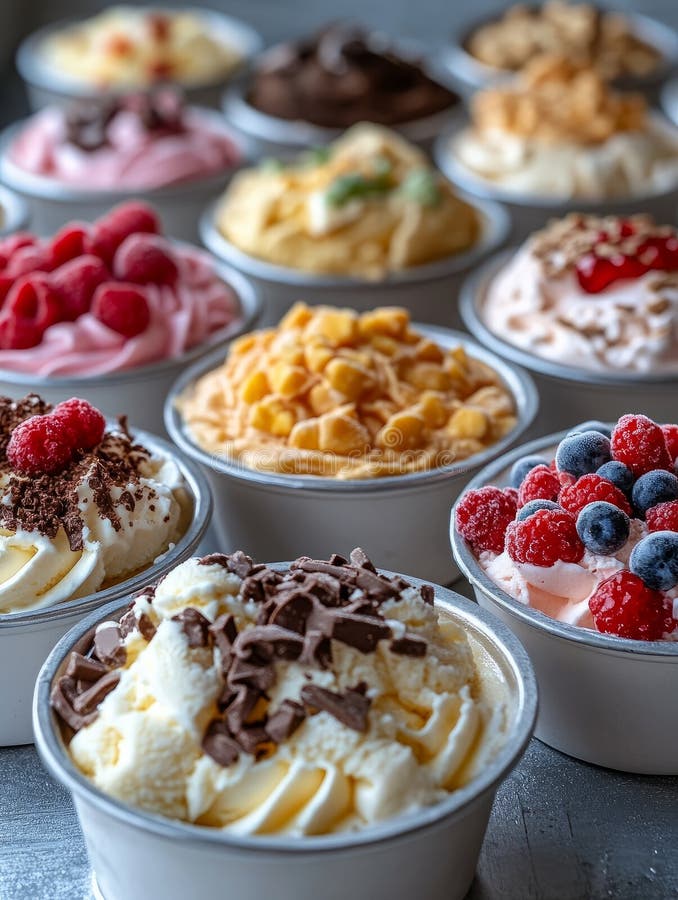 Assorted Ice Cream Cups with Various Toppings and Flavors. Stock Photo ...