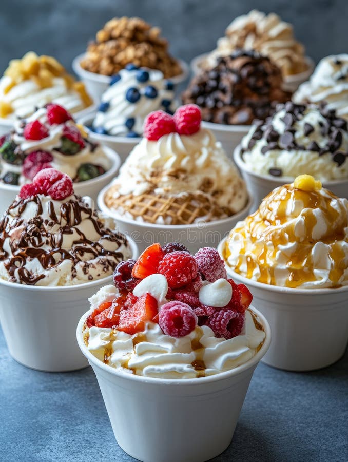 Assorted Ice Cream Cups with Various Toppings in Vibrant Display Stock ...