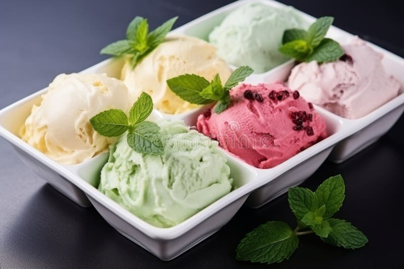 Assorted Ice Cream Flavours with Fresh Mint on Dark Background for Menu ...
