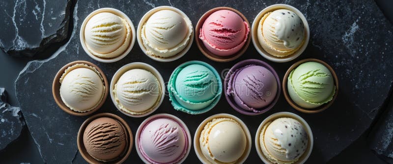 Assorted Ice Cream Scoops on Dark Stone Background Stock Photo - Image ...