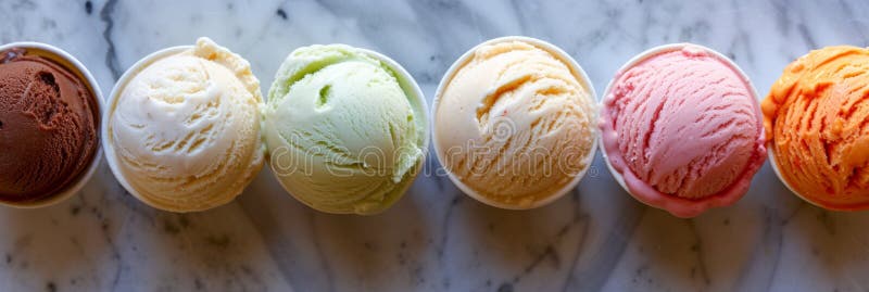 Assorted Ice Cream Scoops on Marble Surface, Side View. Stock Photo ...