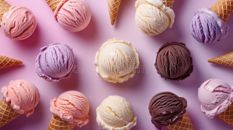Assorted Ice Creams in Cones from Overhead View on a Purple Backdrop ...