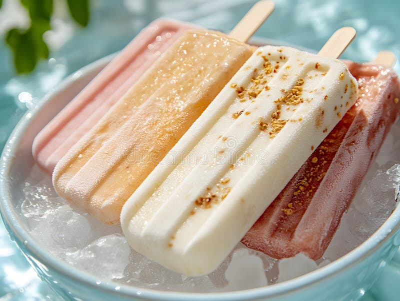 Assorted Ice Pops on Ice in a Bowl Under Sunlight Generative AI Stock ...