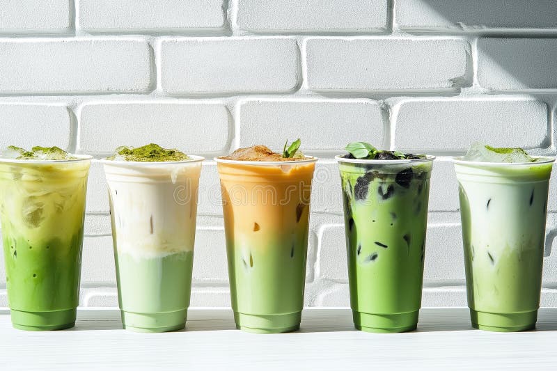 Assorted Iced Green Tea Beverages in Transparent Cups on White Surface ...