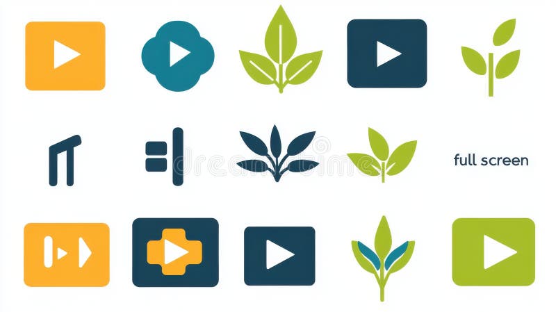 Assorted Icons Featuring Play Buttons Leaves and Abstract Designs on a ...