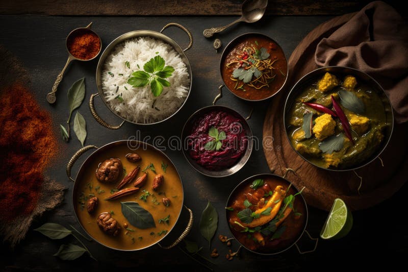 Assorted Indian Curry and Rice Dishes. Illustration AI Generative Stock ...