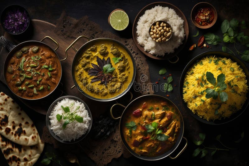 Assorted Indian Curry and Rice Dishes. Illustration AI Generative Stock ...