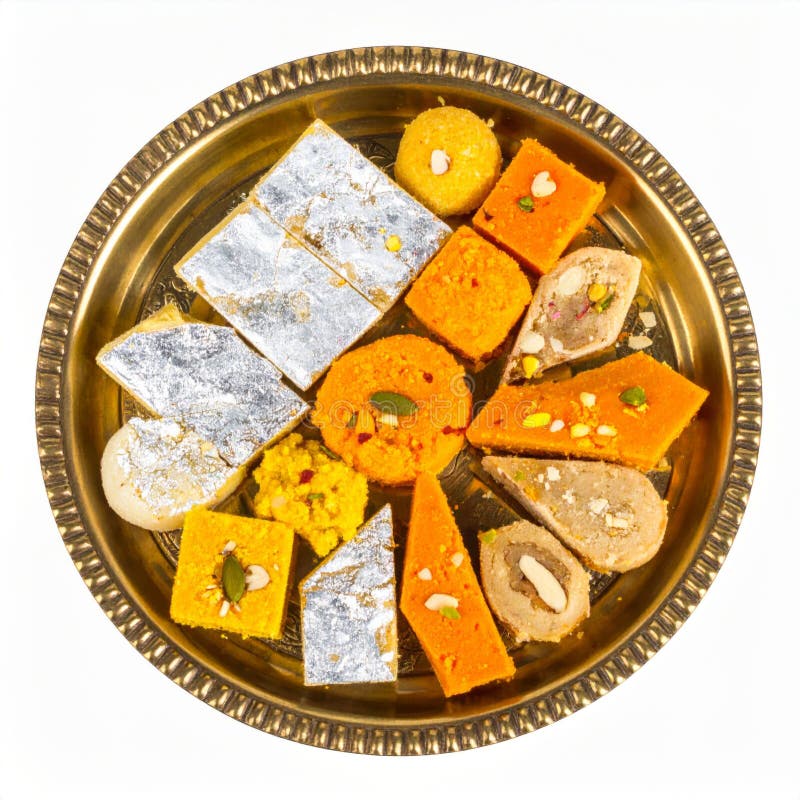 Assorted Indian Sweets Displayed on Golden Plate Isolated on White ...