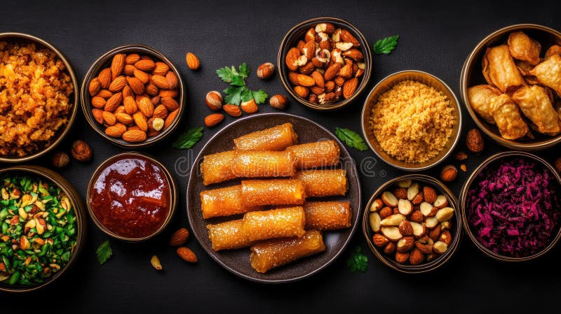 Assorted Indian Sweets and Snacks Arrangement with Nuts and Chutney on ...