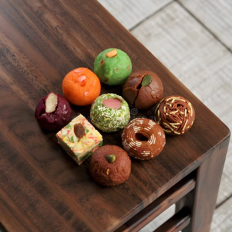 Assorted Indian Sweets Arrangement on Wooden Stool, Colorful Mithai ...