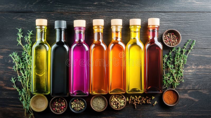 Assorted Infused Oils and Exotic Spices on Woodentable Stock Image ...