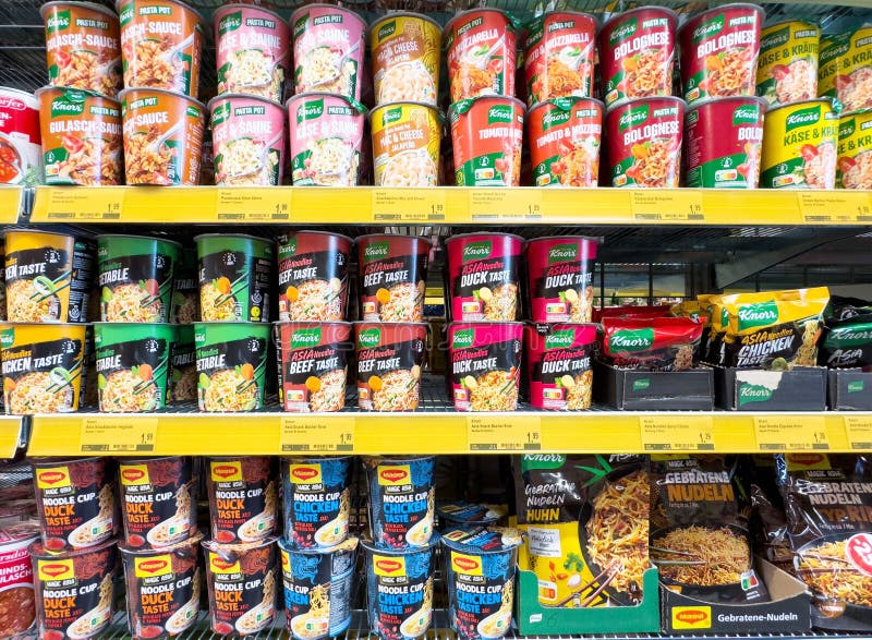 Assorted Instant Noodle Cups on Supermarket Shelf Variety and Brands ...