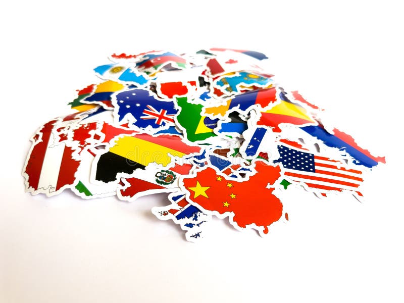 Assorted International Flag Map Stickers on Isolated White Background ...