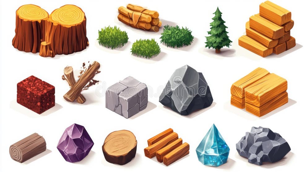 Assorted Isometric Natural Resources with Wood Stone and Crystals on ...